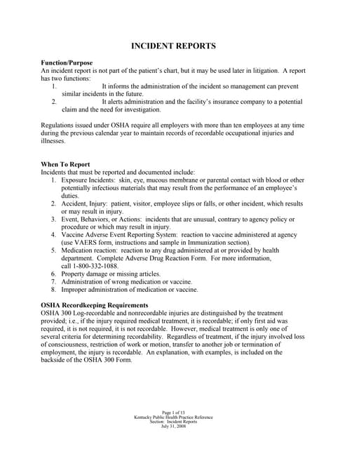 Occurrence variance report | PPT | First Aid | Injuries