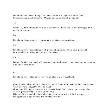 Include the following sections of the Project Execution, Monitorin.docx