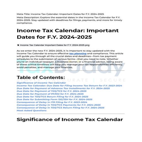 Income Tax Calendar: Important Dates for F.Y. 2024-2025 | PDF