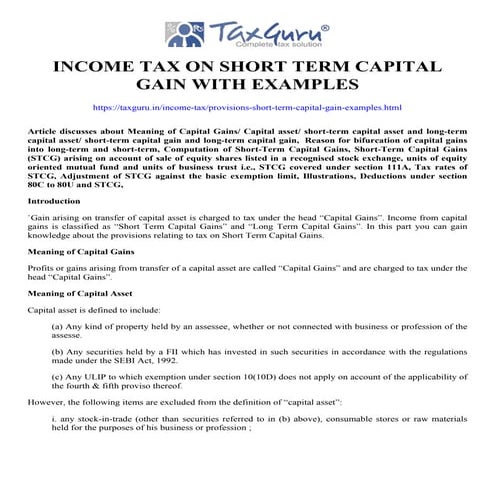 Income Tax on Short Term Capital Gain with examples | PDF