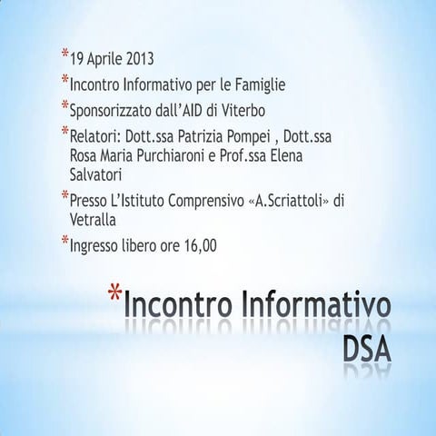 Incontro informativo-dsa | PPTX | Brain and Nervous System Disorders | Diseases and Conditions