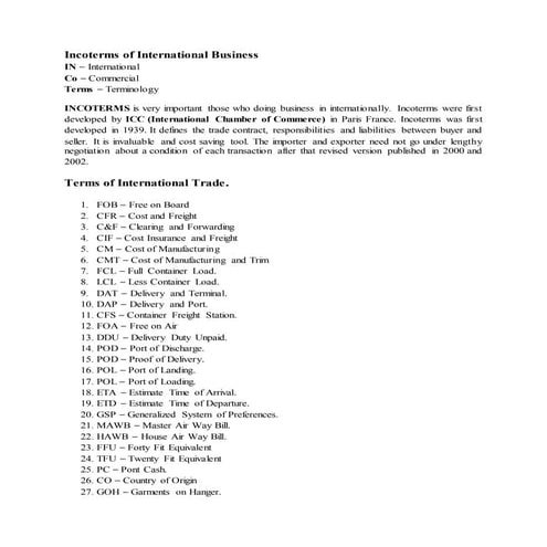 Incoterms of international business | PDF