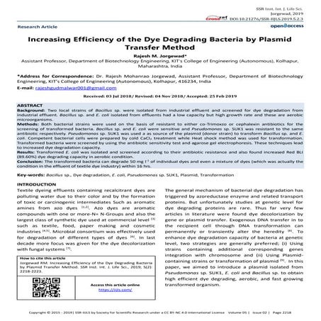 Increasing Efficiency Dye Degrading Bacteria Plasmid Transfer Method Pdf