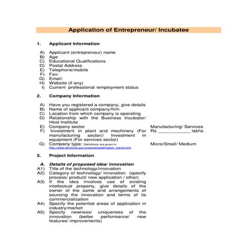 Incubatee application format | PDF