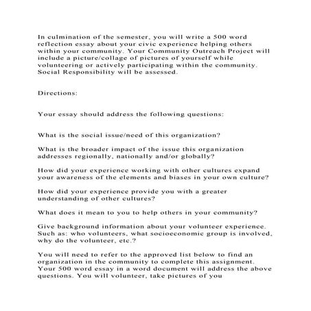 In culmination of the semester, you will write a 500 word reflection.docx