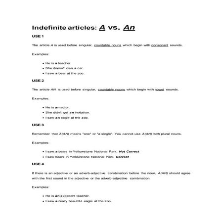 Indefinite articles a vs. an - texto explicativo e exercícios | DOCX