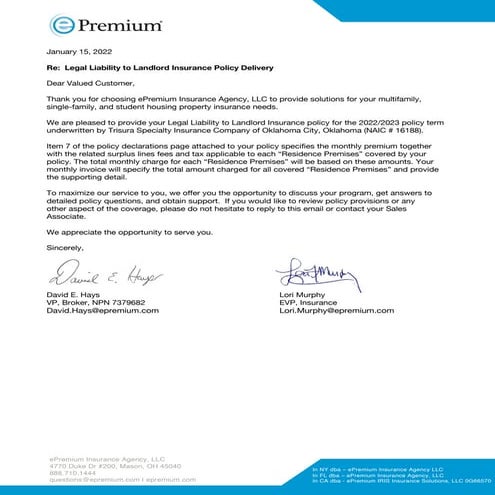 ePremium Legal Liability to Landlord Master Insurance Policy 2022-2023 ...