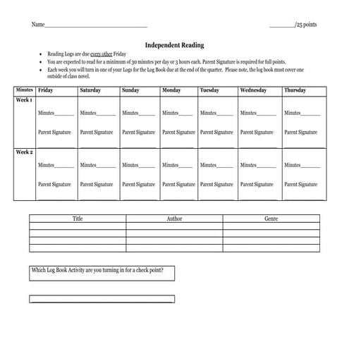 Independent Reading Sheet | DOCX | Education
