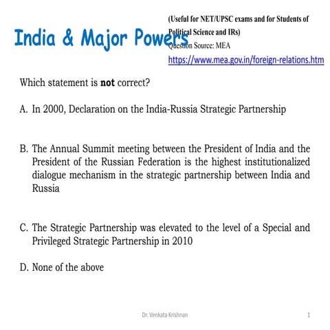 Test/Quiz : India & Major Powers | PPT