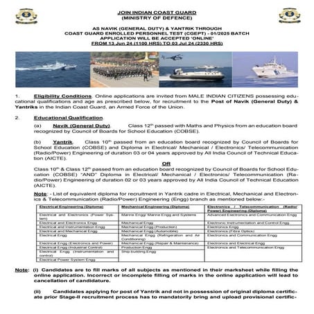 Indian Coast Guard Recruitment 2025 | Jobs Eligibility, Last Date | PDF