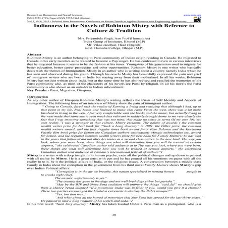 Indianness in the novels of rohinton mistry with refrence to culture ...