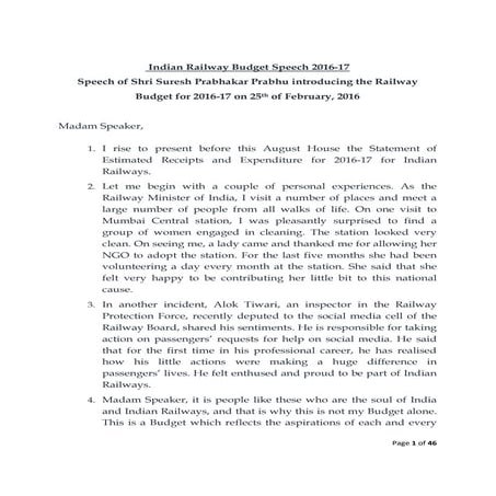 Indian Railway Budget Speech 2016-17 | PDF