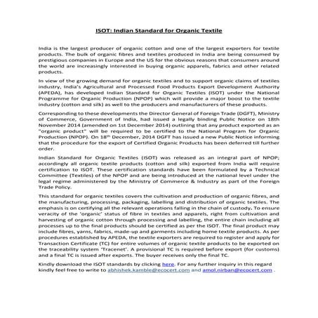 Indian standard for organic textiles (isot) standards | PDF