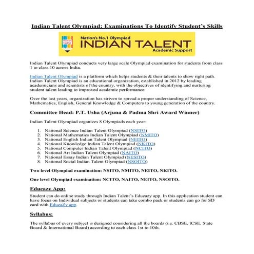 Indian Talent Olympiad: Examinations To Identify Student's Skills | PDF
