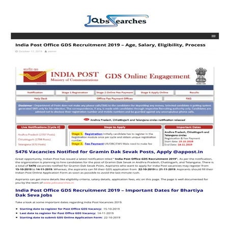India post office gds recruitment 2019 | PDF | Job Search | Careers
