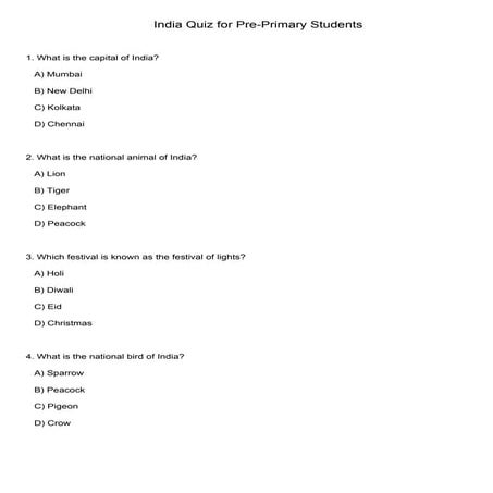 India Quiz for Pre Primary Level Students | PDF