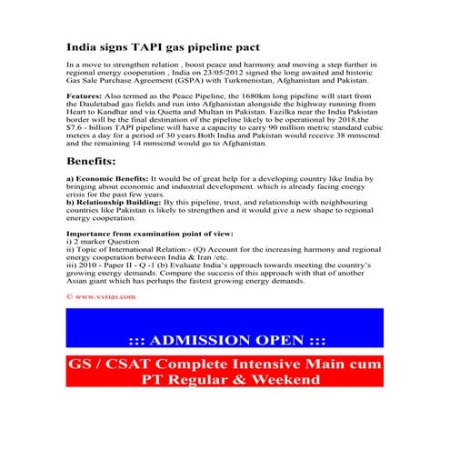 India signs tapi gas pipeline pact by vvr ias | DOC