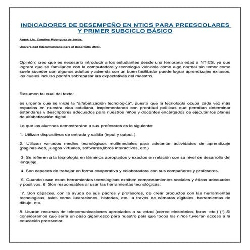 Indicadores De Desempeño En N T I C S Para Preescolares Y Primer ...