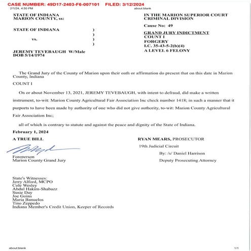 Jeremey Tevebaugh Indicted for Check Forgery | PDF