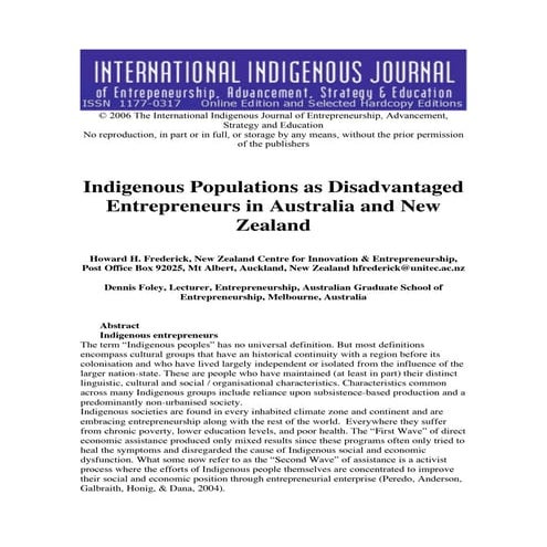 Indigenous populations and disadvantaged entrepreneurs in ausralia and ...