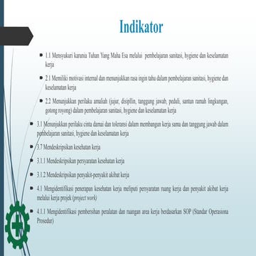 INDIKATOR SANITASI, HYGIENE DAN KESELAMATAN KERJA | PPT