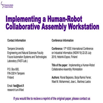 Implementing a human-robot collaborative assembly workstation | PPT