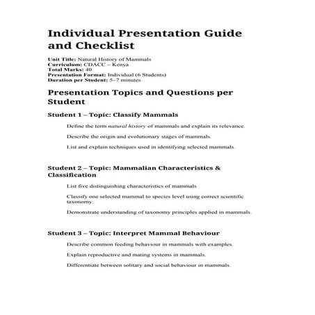 Individual Presentation Questions.mammals docx | DOCX