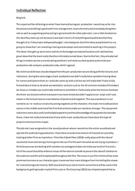 Individual reflection | DOCX | Video Production | Content Production