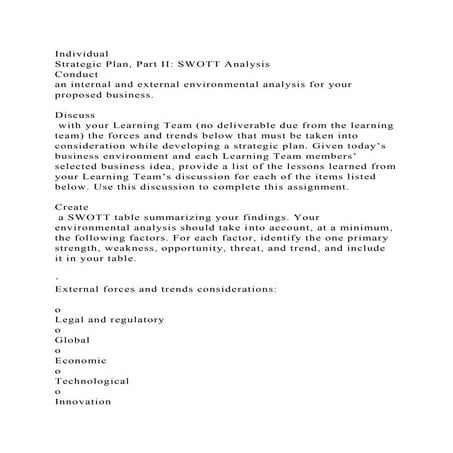 IndividualStrategic Plan, Part II SWOTT AnalysisConductan int.docx