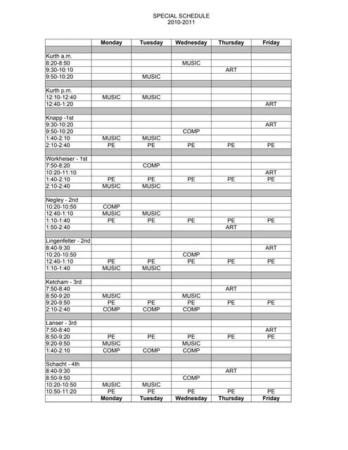 Specials Schedule By Teacher | PDF