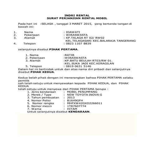 Surat perjanjian sewa mobil | DOC