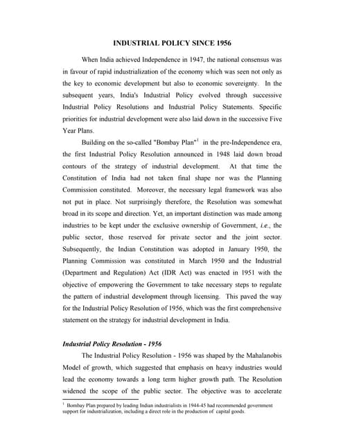 Industrial Policy - 1948, 1956, 1973, 1977, 1980, 1991 | PPTX | Industrial Property | Real Estate