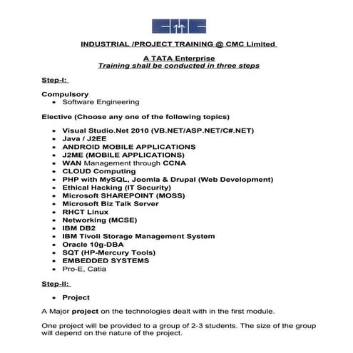 Live Project based Industrial training @ CMC Limited-A TCS Subsidiary ...