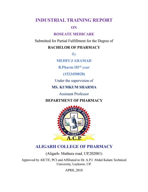 FINAL INDUSTRIAL TRAINING REPORT | PDF | Pharmaceutical Industry | Industries