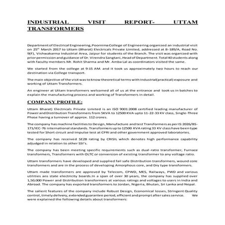 Industrial visit report uttam transformers | DOCX