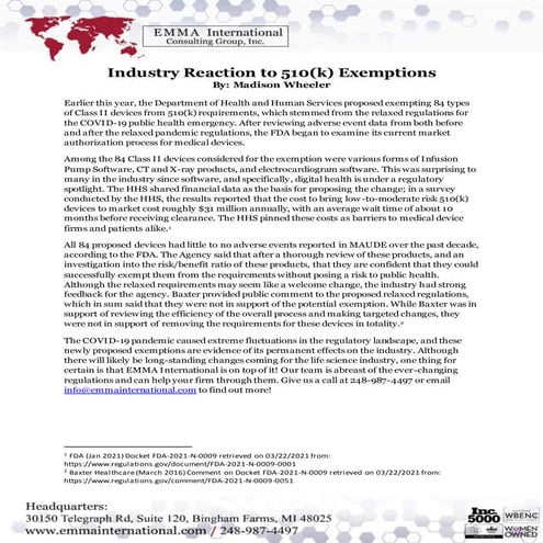 Industry Reaction to 510(k) Exemptions | DOCX