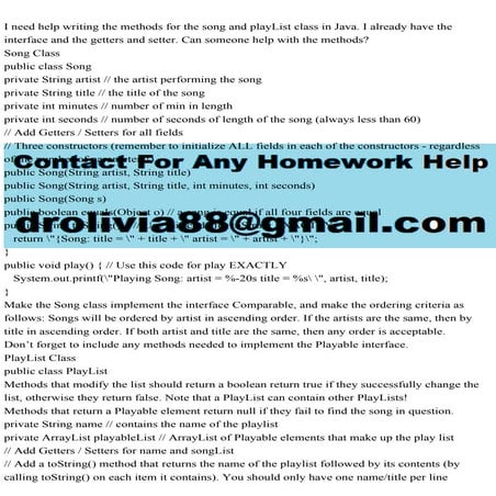 I need help writing the methods for the song and playList class in J.pdf