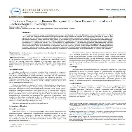 Infectious coryza in backyard poultry farms of Jimma: clinical and ...
