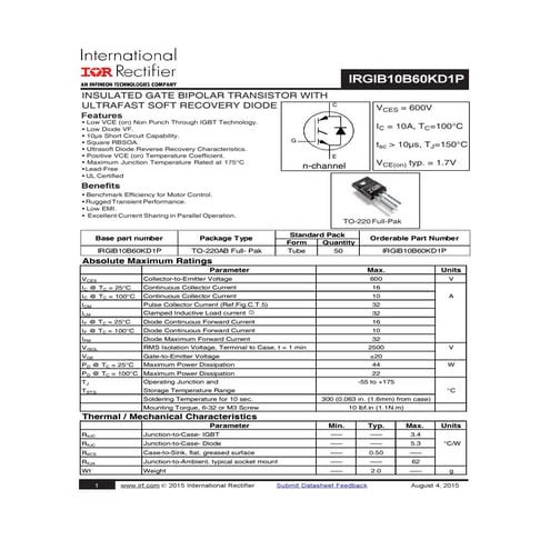Original IGBT IC IRGIB10B60KD1P 600V 21A New Infineon IR | PDF