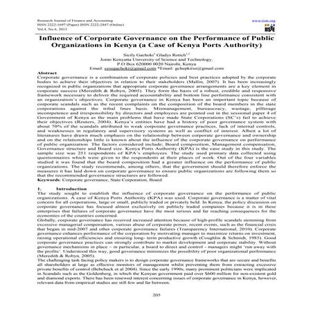 Influence of corporate governance on the performance of public organizations in kenya (a case of ...