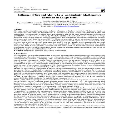 Influence of sex and ability level on students’ mathematics readiness in enugu state. | PDF