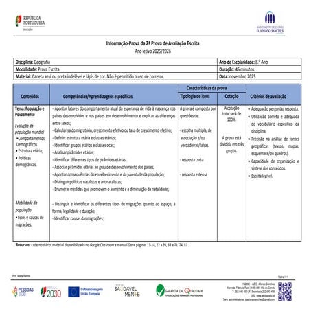 Informação-Prova_Teste 2_ Nov_8º.pdf - Provas informação | PDF