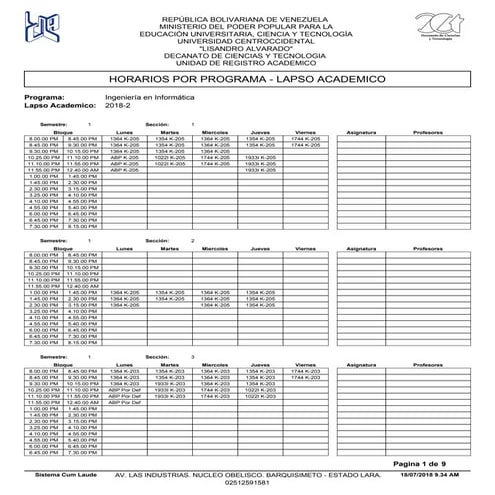 Horario ingeniería en informática 2018-2 | PDF