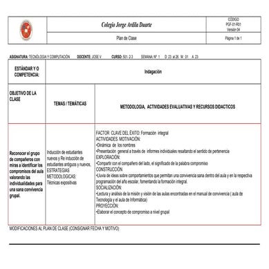 INFORMATICA PLAN DE CLASE SECUENCIA DE FORMATO GRADO 5TO josé.docx | Computing | Technology ...