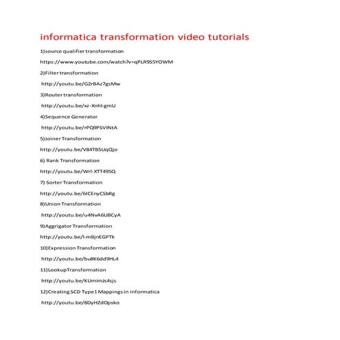 Informatica video tutorials transformation wise | DOCX
