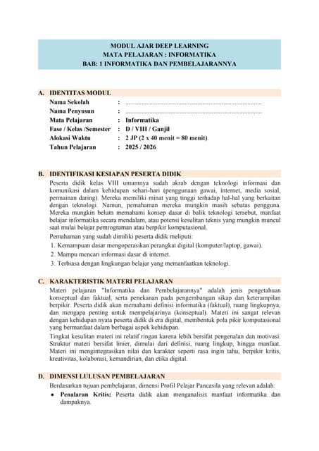 Modul Ajar Deep Learning Informatika Kelas 8 Terbaru 2025 | DOCX