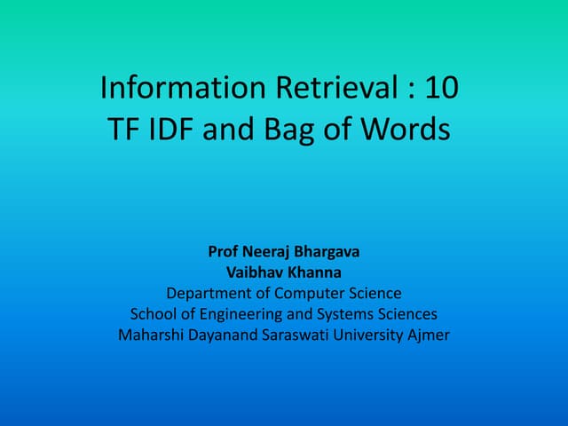 Information Retrieval 10 Tf Idf And Bag Of Words Ppt