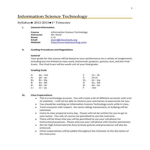 Information Science Technology Syllabus 2012 2013 1st trimester | PDF