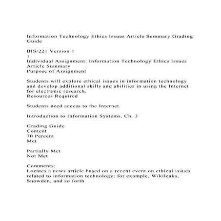 Information Technology Ethics Issues Article Summary Grading Gui.docx