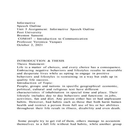 Informative speech outline unit 5 assignment informative spe | DOCX | Smoking Cessation | Wellness